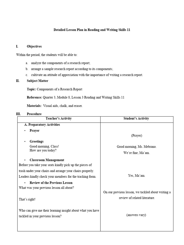 RESEARCH REPORT Detailed Lesson Plan in Reading and Writing Skills 11 ...