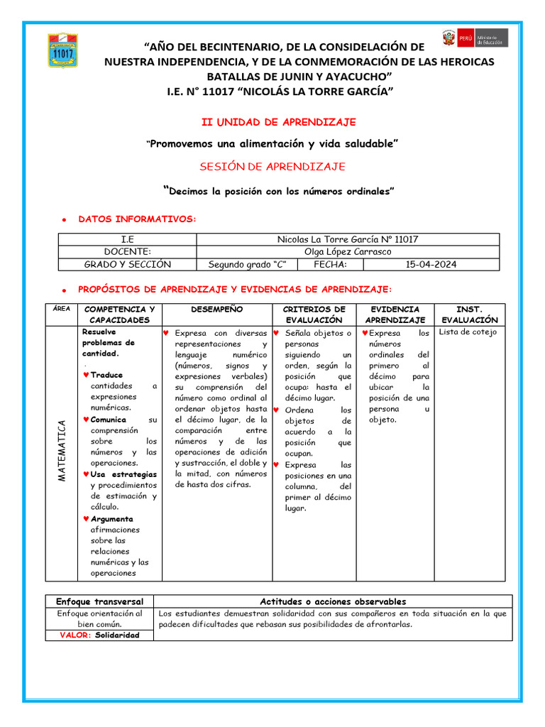 Sesion de Mat Decimos La Posición Con Los Numeros Ordinales | PDF ...
