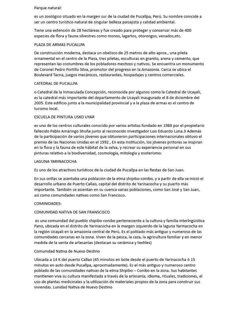 Atractivos turísticos de Pucallpa, Perú | PDF