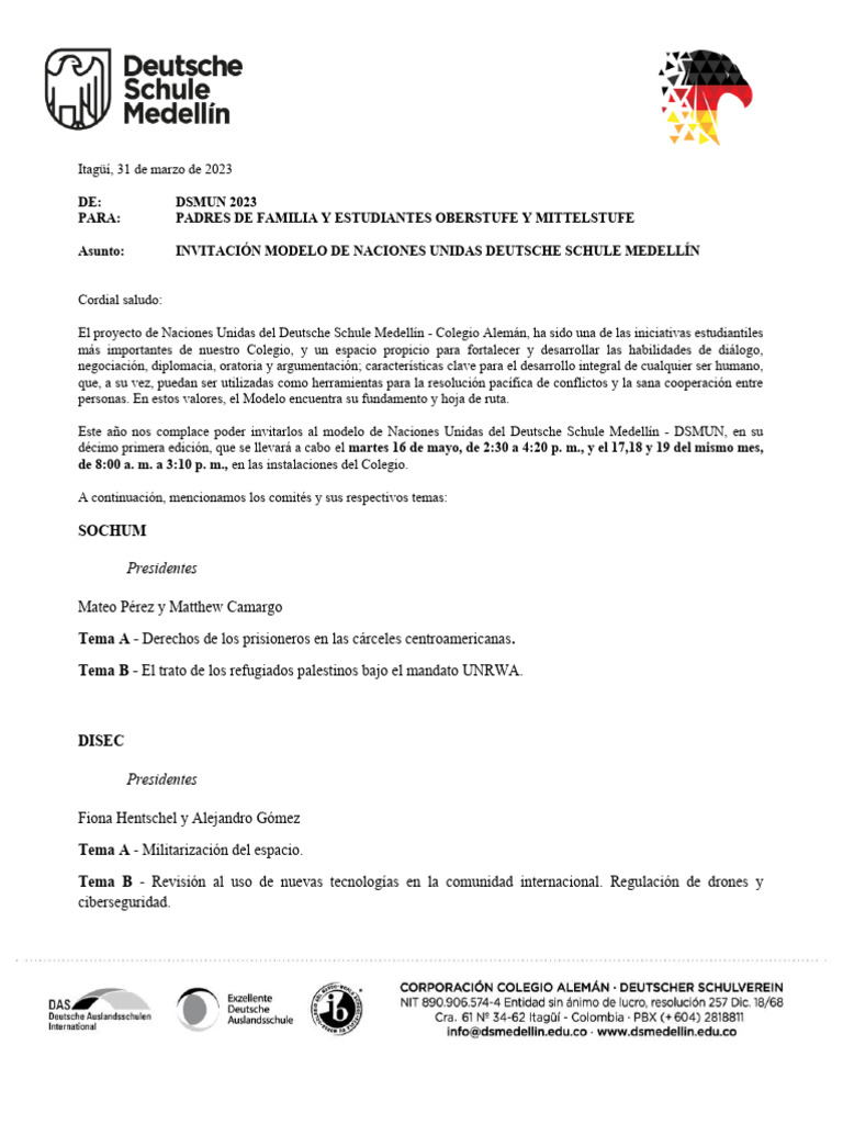 Invitación DSMUN 2023 en Medellín | PDF | Relaciones Internacionales ...