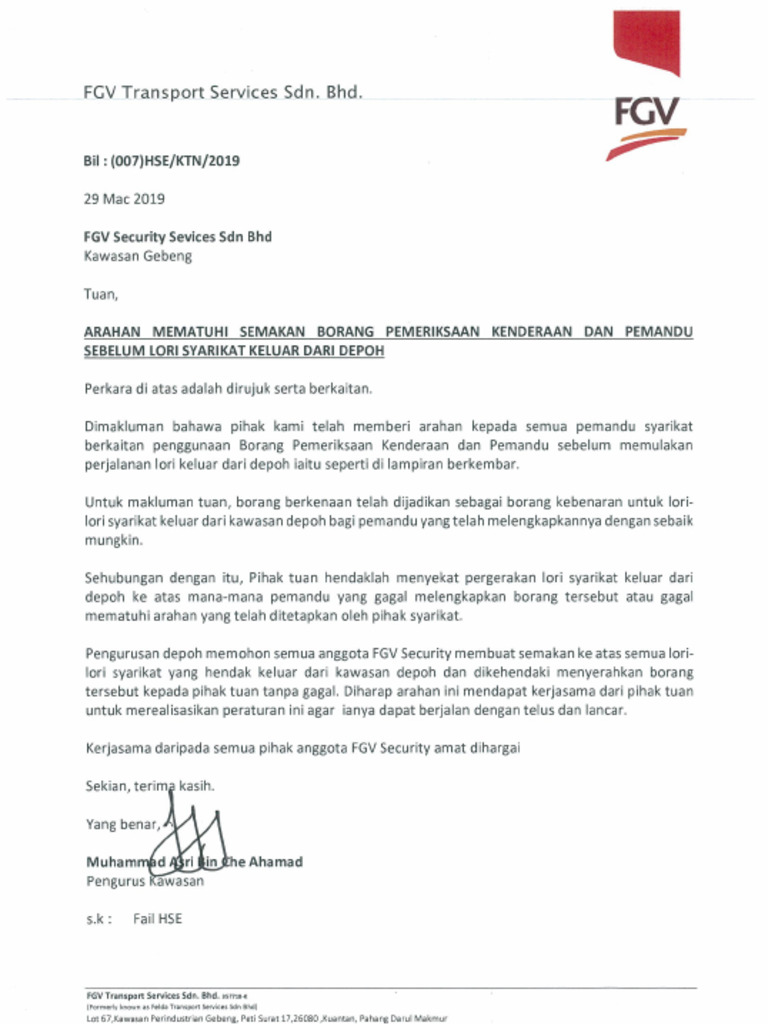 Surat-Arahan Pemeriksaan (FGV Security) - KTN | PDF