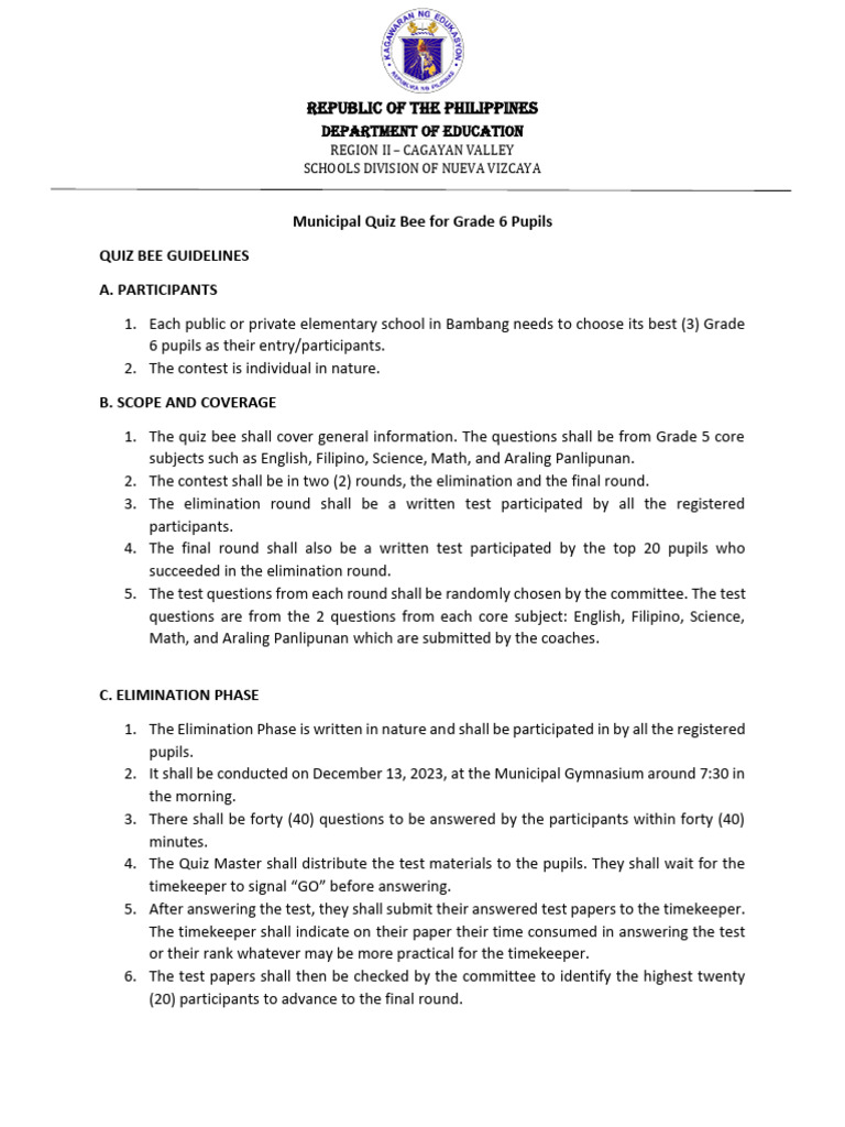 Grade 6 Quiz Bee Guidelines PDF | PDF