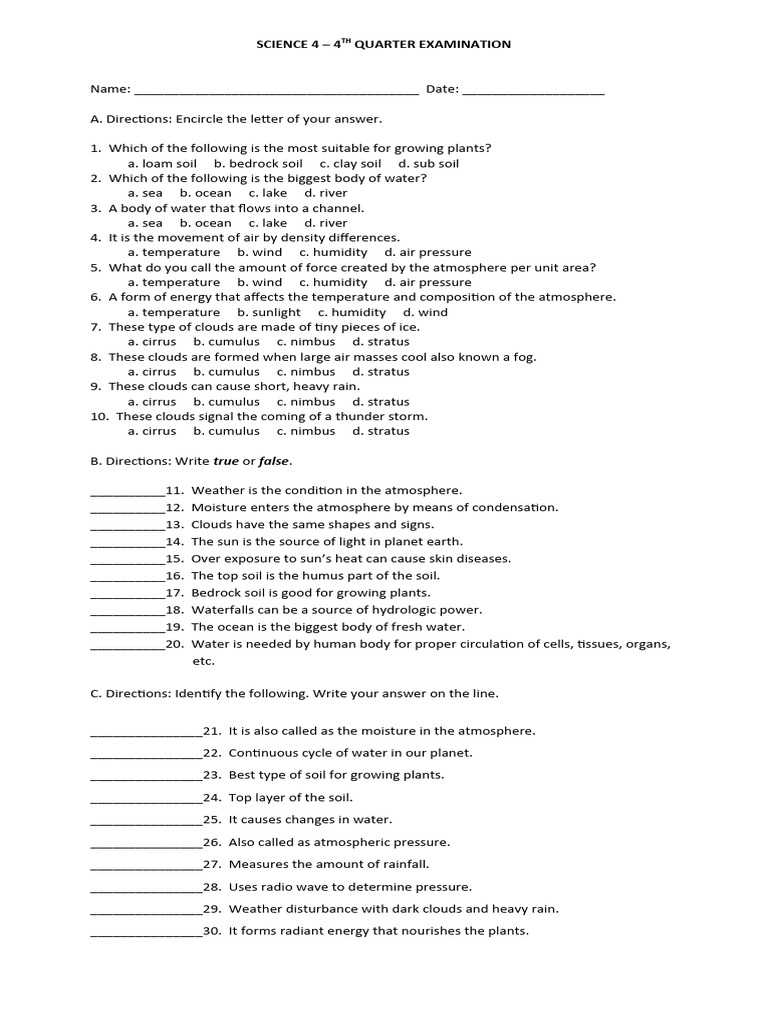 Science 4: 4th Quarter Exam Guide | PDF | Cloud | Atmosphere Of Earth