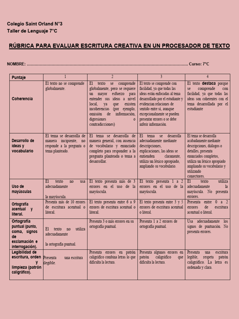Rúbrica-Para-Evaluar-Escritura 7° | PDF | Léxico | Caligrafía