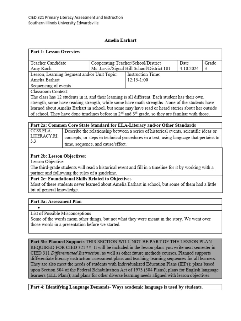 Amelia Earhart Lesson Plan for 3rd Grade | PDF | Lesson Plan | Literacy