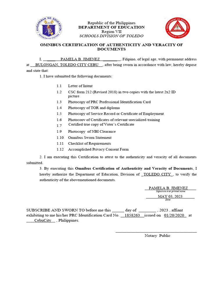 Omnibus Certification for Teacher Applicants | PDF | Access Control | Authentication