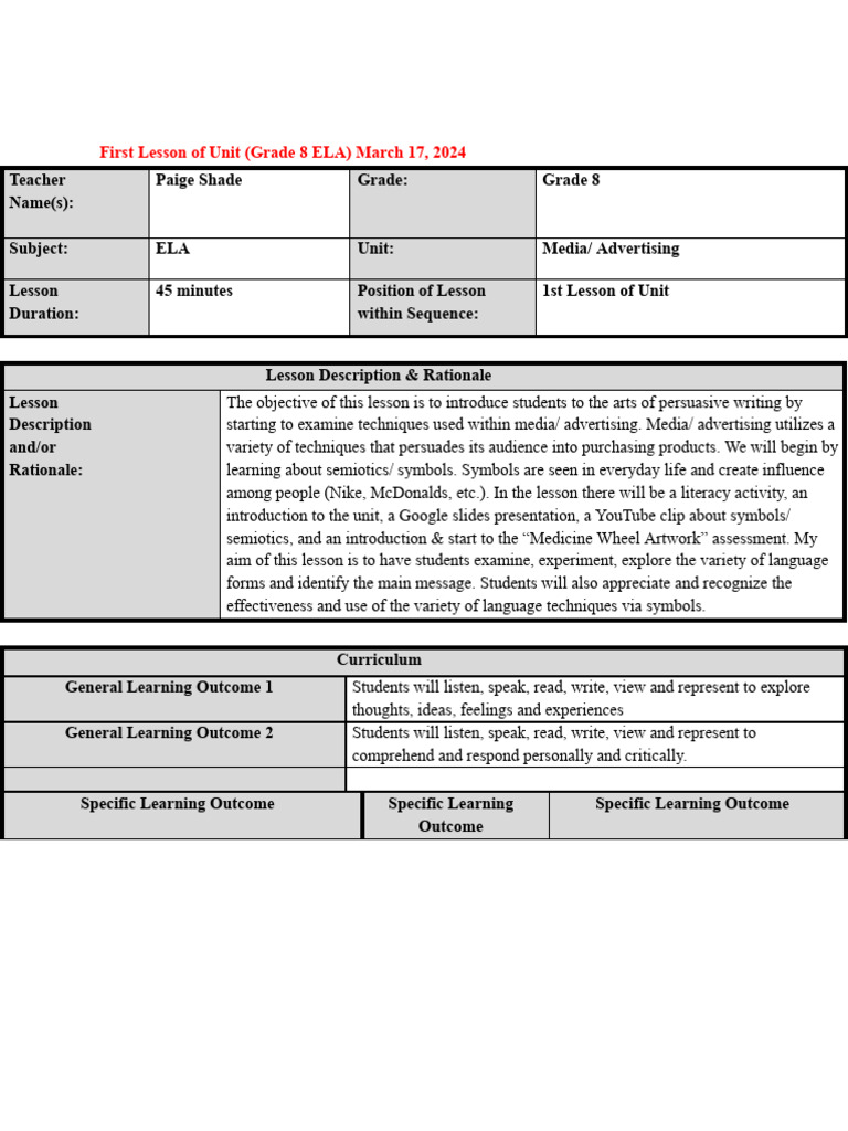 First Lesson of Unit Grade 8 Ela March 17 2024 | PDF | Advertising ...