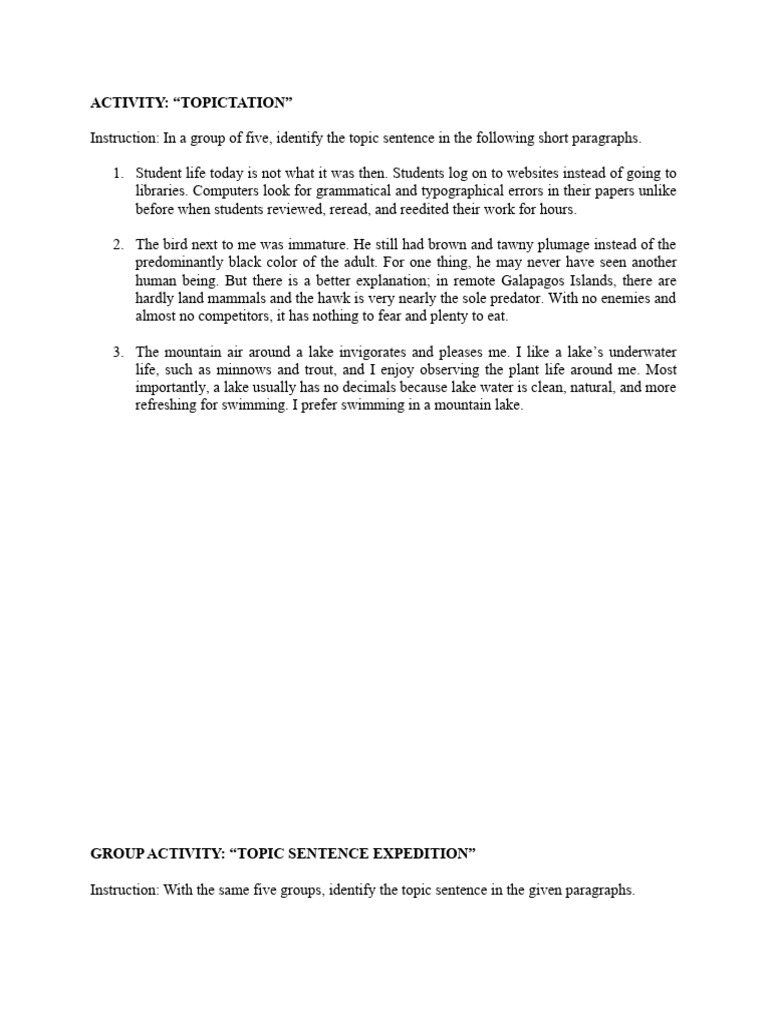 Topic Sentence Worksheet | PDF