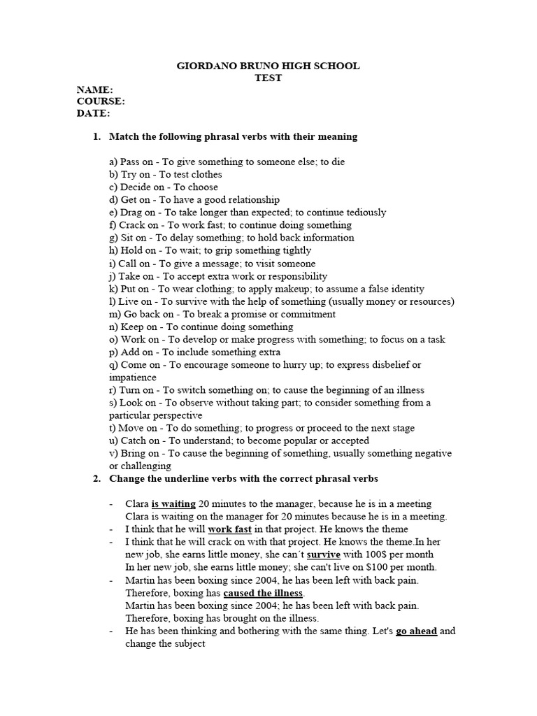 Phrasal Verbs With On Test | PDF | Grammar | Linguistics