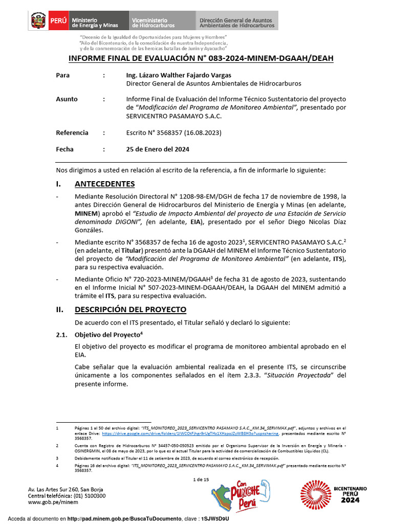 Informe 083 2024 Minem Dgaah Deah | PDF | Evaluación de impacto ambiental | Ciencias de la Tierra
