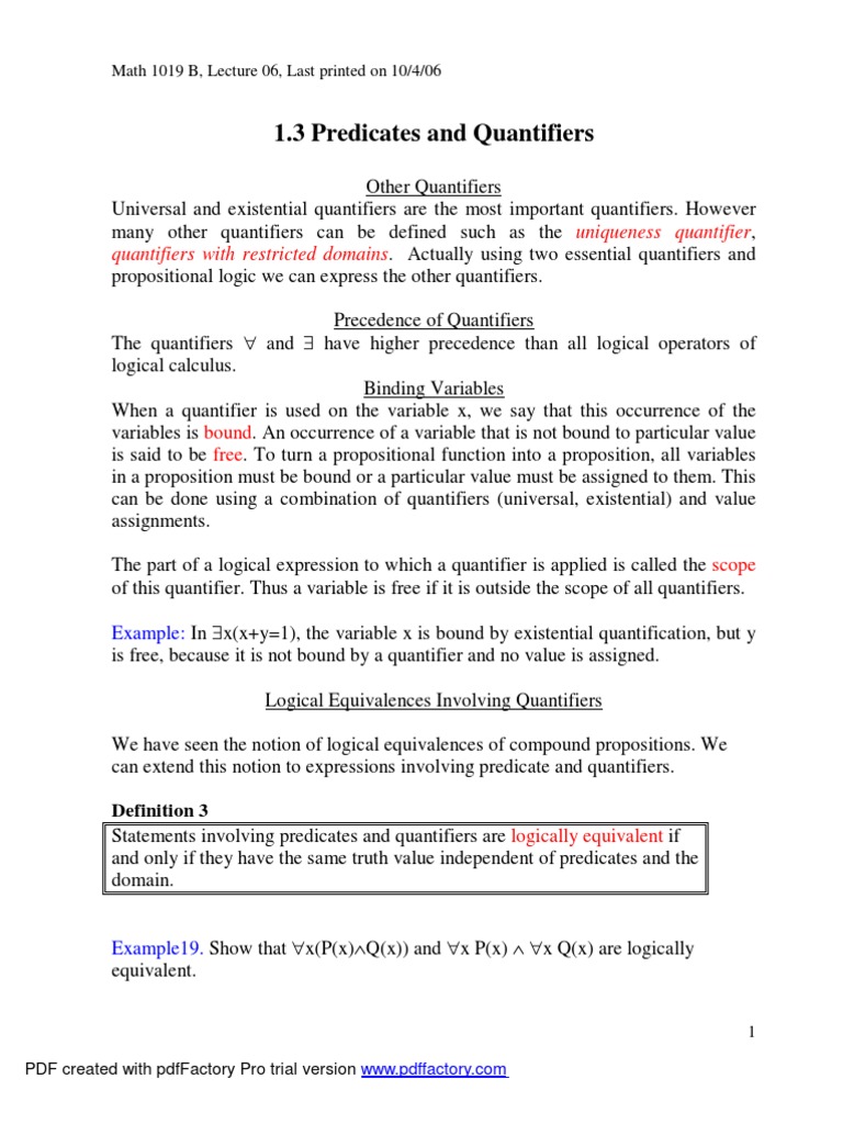 1.3 Predicates and Quantifiers: Uniqueness Quantifier Quantifiers With ...