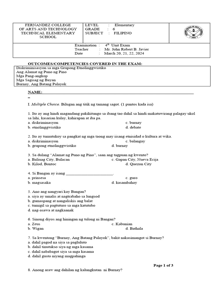 4th Unit Exam Filipino Grade 6 | PDF