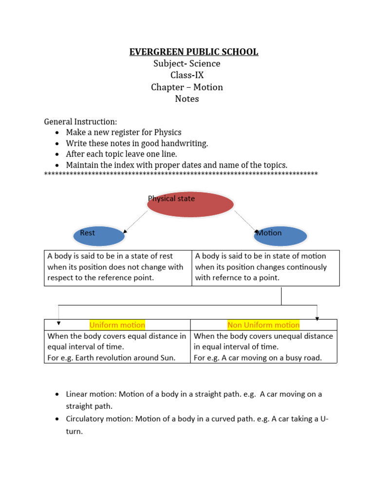 IX PHY Motion Notes | PDF | Velocity | Acceleration