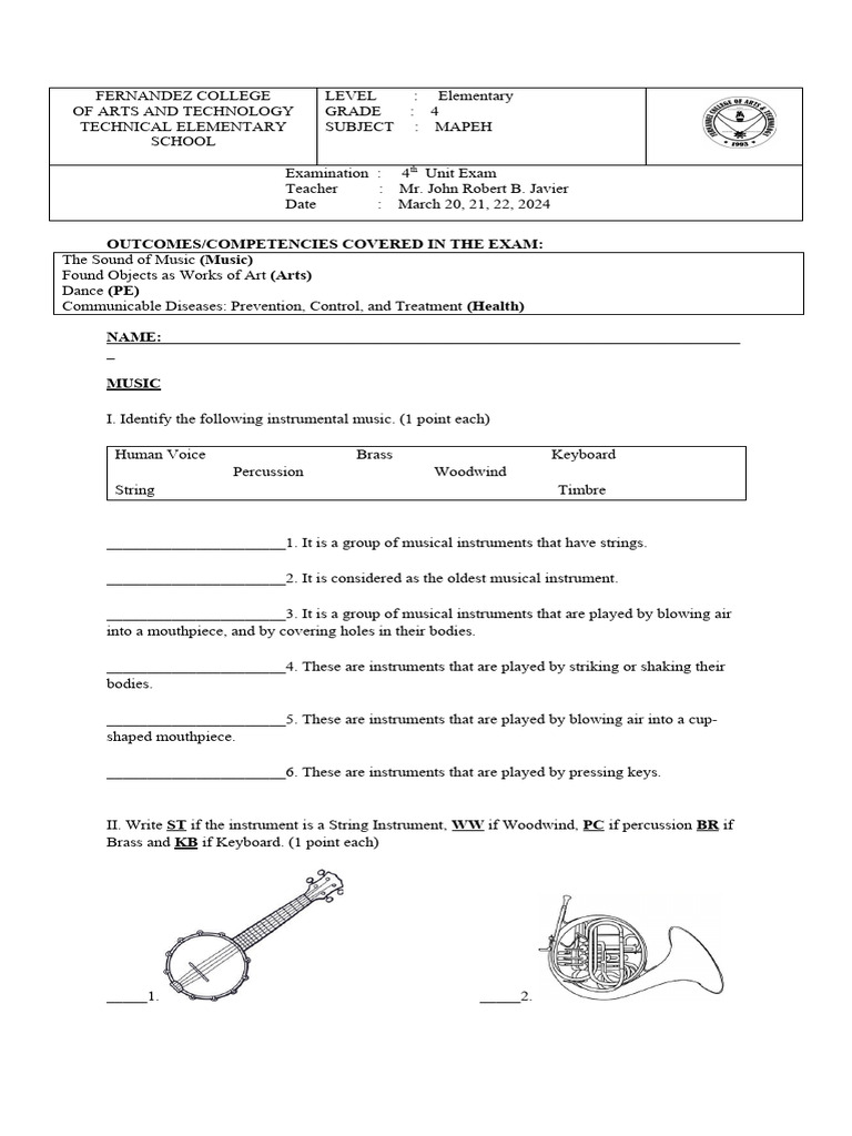 4th Unit Exam MAPEH Grade 4 | PDF | Musical Instruments | Dances