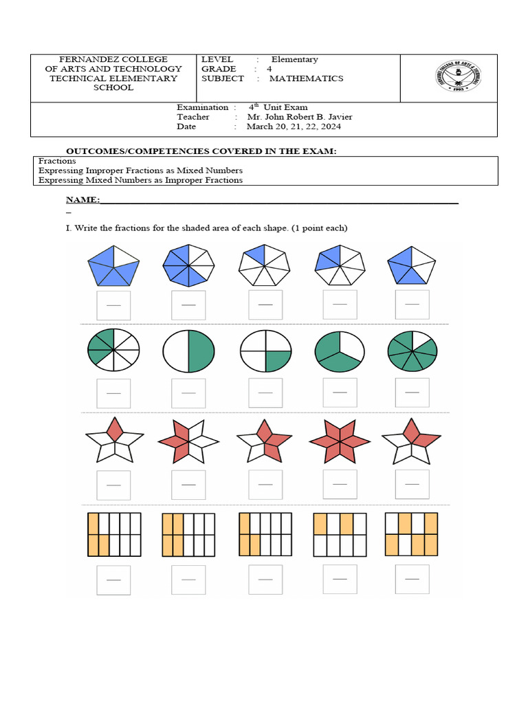 4th Grade Math Unit Exam on Fractions | PDF