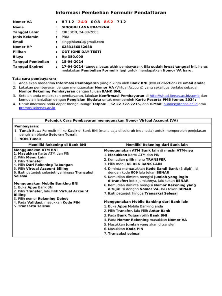 Panduan Pembayaran Formulir Itenas | PDF | Bisnis