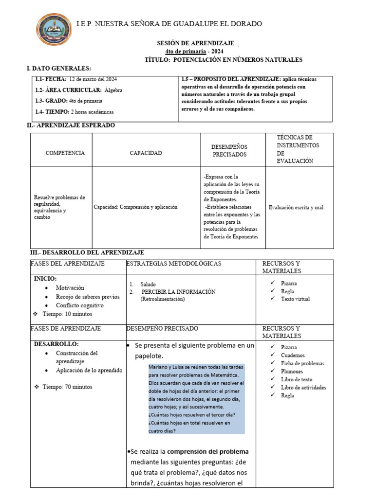SESION DE CLASE 4to DE PRIMARIA POTENCIACIÓN DE NUMEROS NATURALES | PDF | Aprendizaje | Evaluación