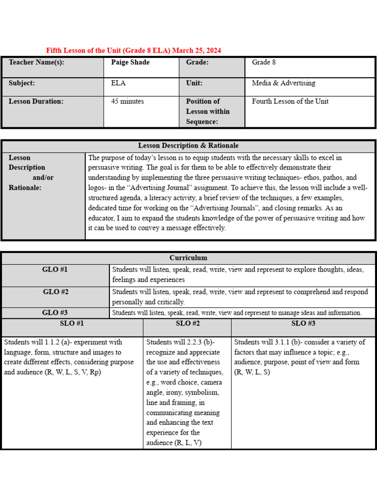 Fifth Lesson of The Unit Grade 8 Ela March 25 2024 | PDF | Advertising ...