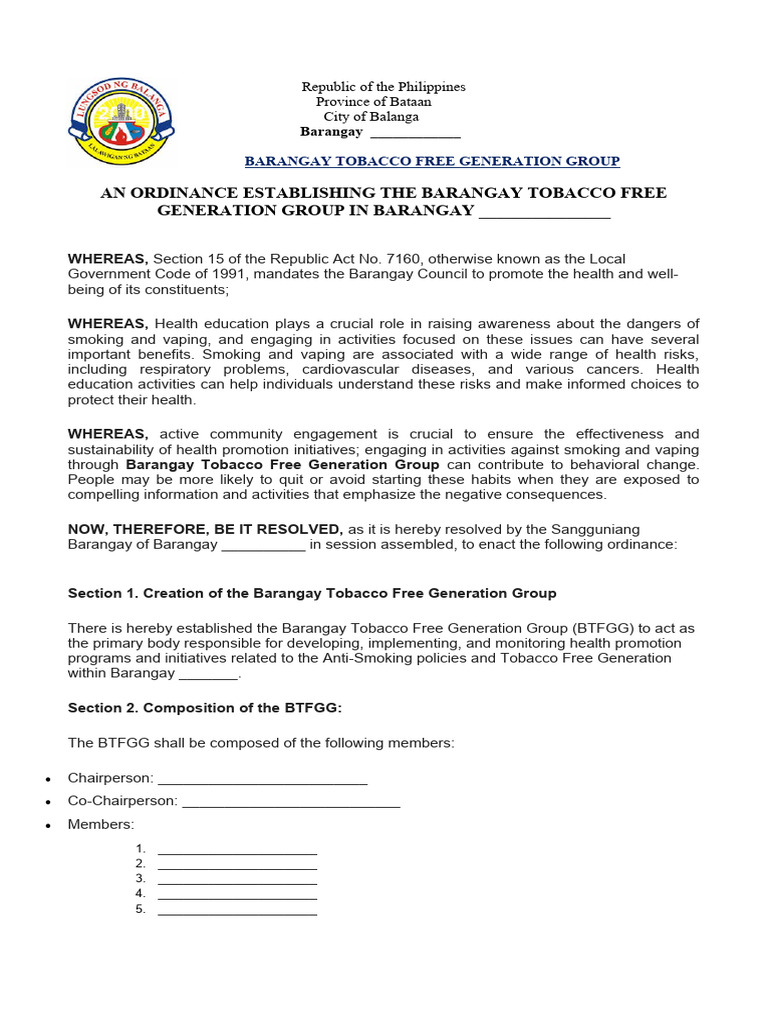 Sample Brgy Tobacco Free Generation Group Ordinance | PDF | Electronic ...