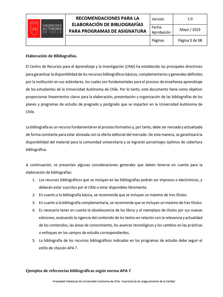 Recomendaciones para La Elaboración de Bibliografías para Programas de Asignatura | PDF ...