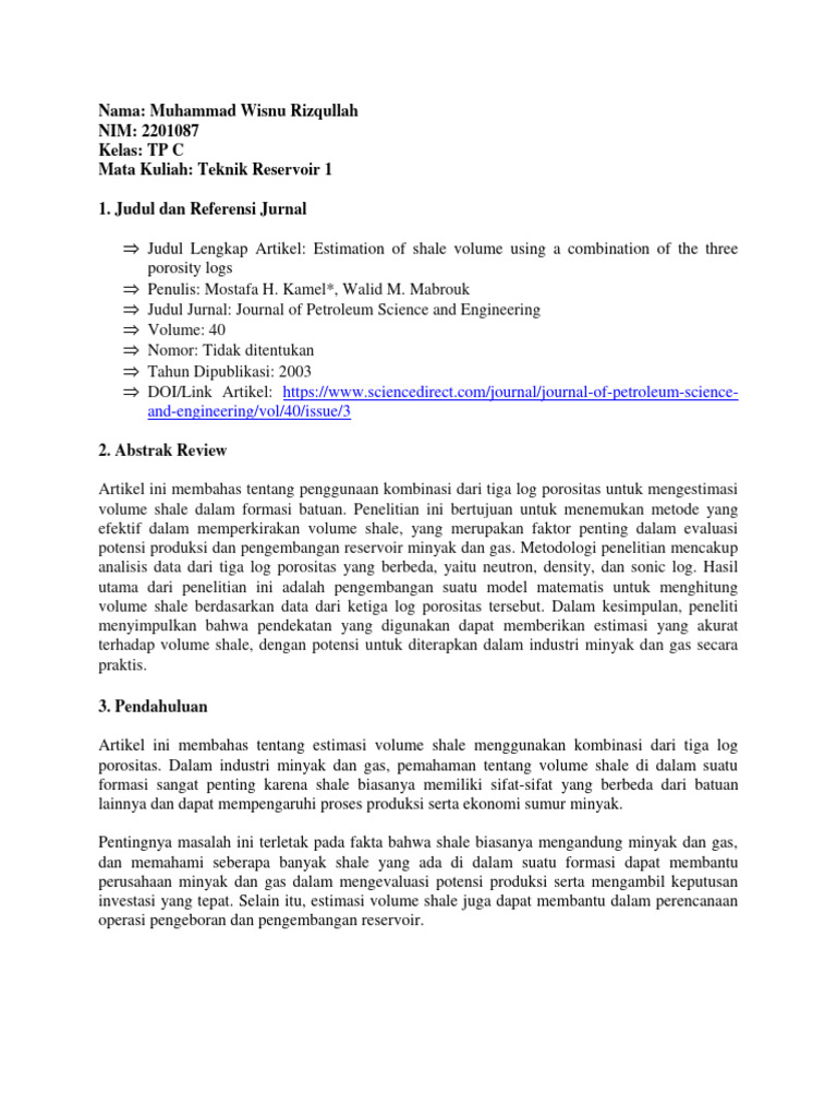 M Wisnu R - 2201087 - TP C - Tugas Reservoir - Estimation of Shale Volume Using A Combination of ...