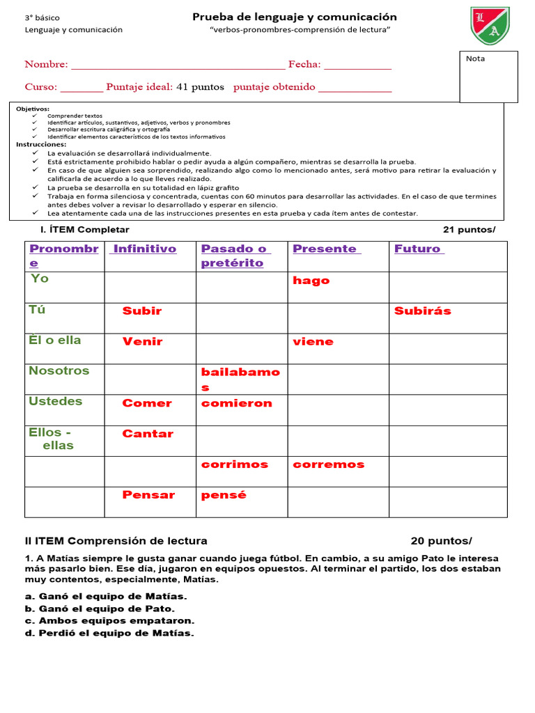Prueba Lenguaje 3° Basico Verbos, Pronombres, Comprension de Lectura ...