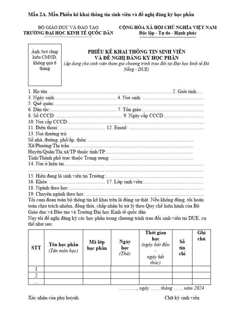 2A. Mau Phieu Ke Khai Thong Tin SV Va de Nghi Dang Ky Hoc Phan - DUE 2 | PDF