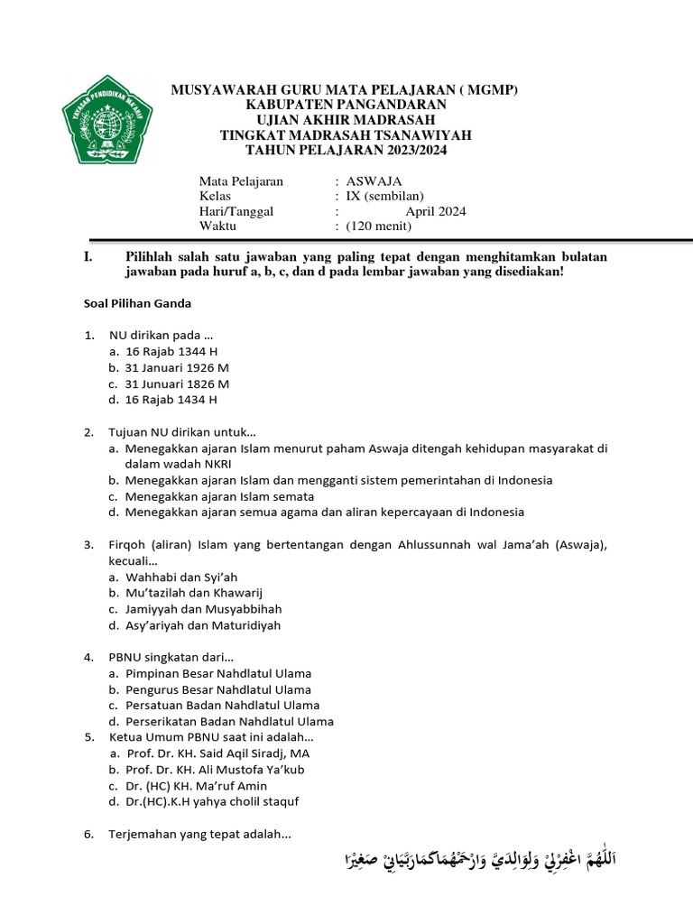 Soal Aswaja Am 2024 | PDF