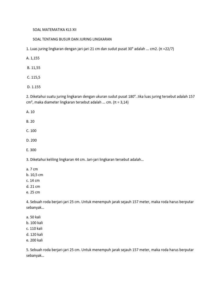 Soal Kisi-Kisi Matematika Kelas Xii Tahun Jaran 2024 | PDF