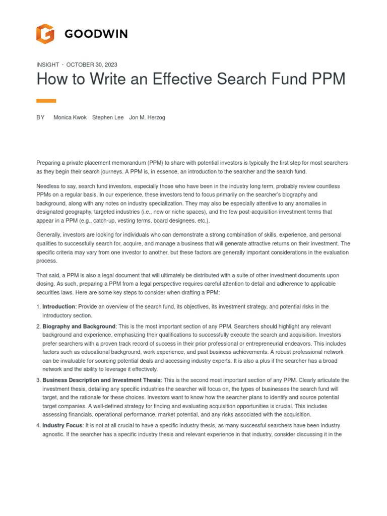 Insights Privateequity How To Write An Effective Search Fund PPM | PDF ...