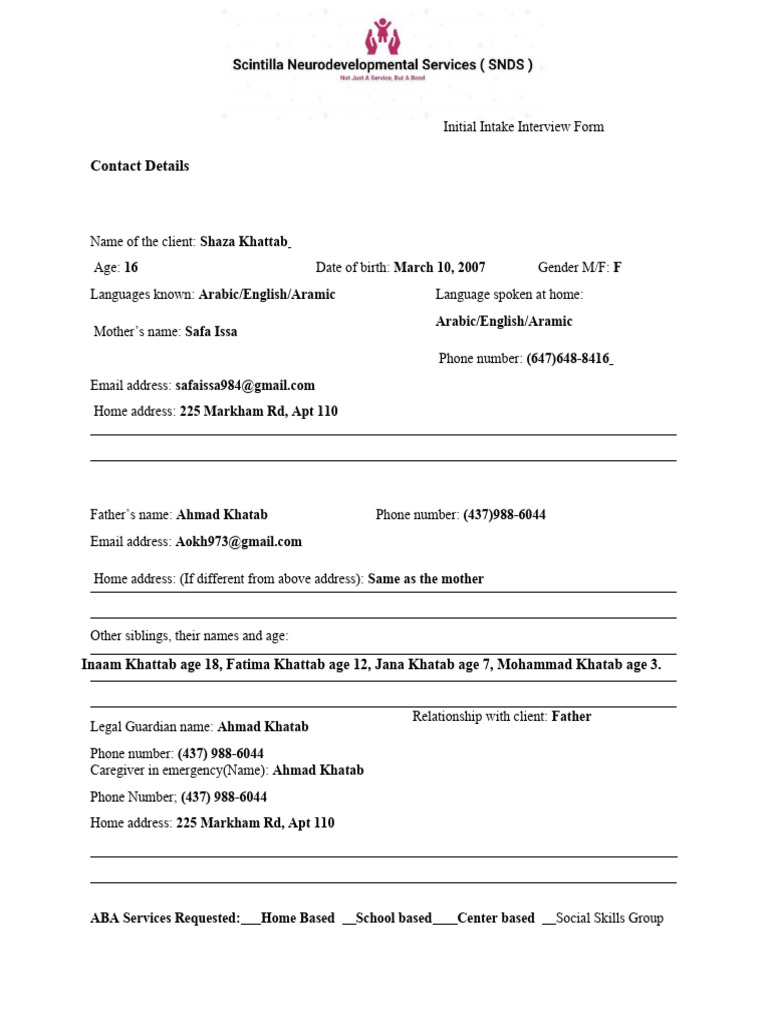 SNDS Initial Intake Form | PDF | Psychotherapy | Individualized ...