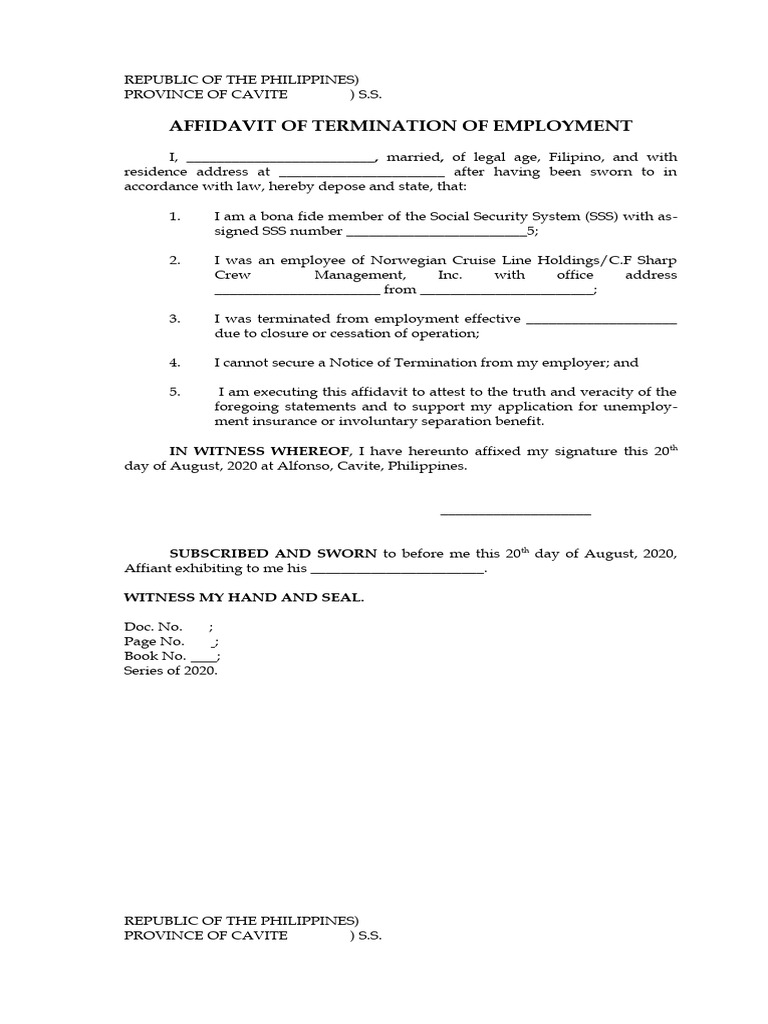 Affidavit of Termination of Employment BLANKO | Download Free PDF ...