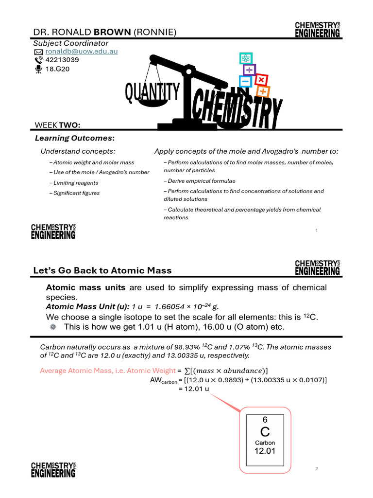 Week 2 Lectures Quantity in Chemistry Slides | PDF | Mole (Unit ...