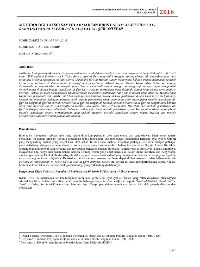 Metodologi Tafsir Sayyid Ahmad Bin Idris Dalam Al-Fuyudat Al ...