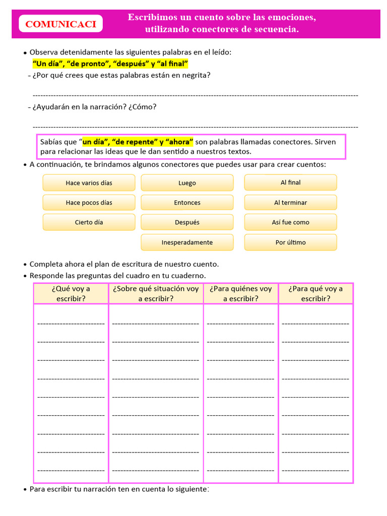 D1 A1 FICHA COM. Escribimos Un Cuento Sobre Las Emociones, Utilizando Conectores de Secuencia. | PDF