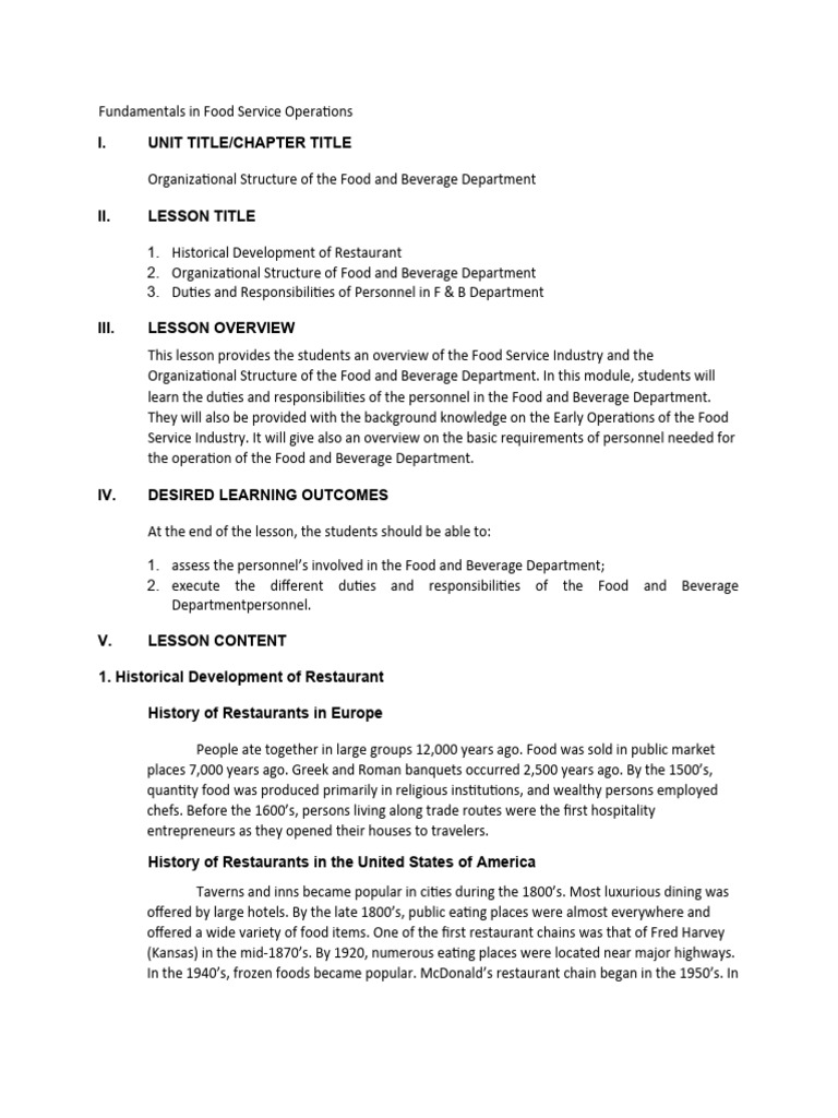 Fundamentals in Food Service Operations Part 1 | PDF | Restaurants ...
