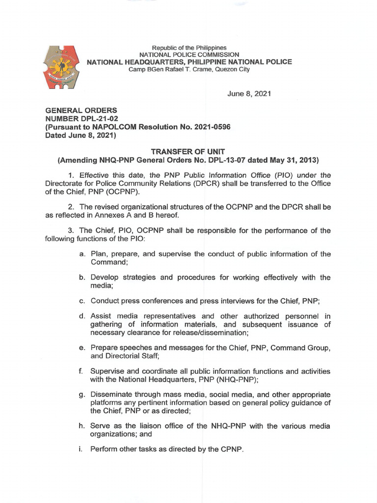 GO NO DPL 21-02 Transfer of PNP Public Information Office (PIO) Under The DPCR To OCPNP | PDF