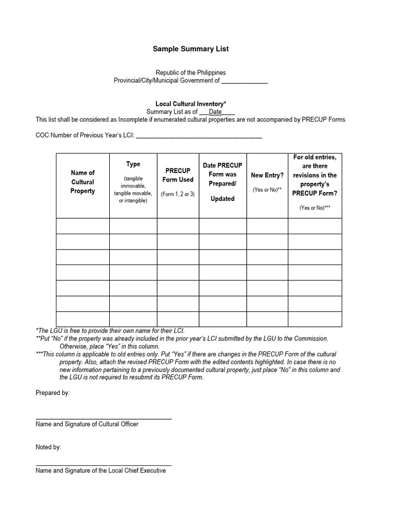 Local Cultural Inventory Summary Form | PDF