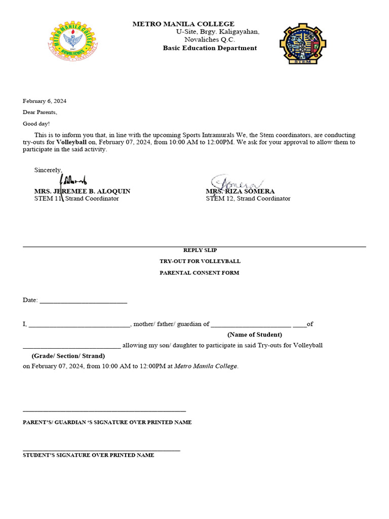 VOLLEYBALL Parental Consent | PDF