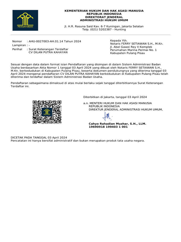Surat Keterangan Terdaftar AHU-0027003-AH.01.14 Tahun 2024 | PDF