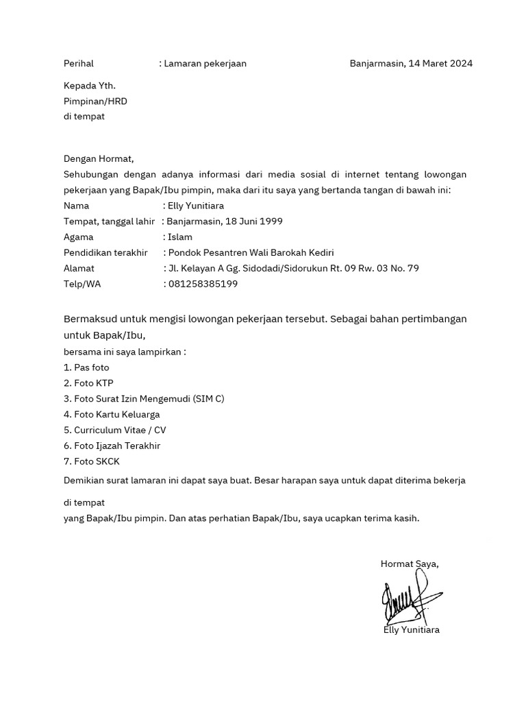 Surat Lamaran Kerja Crew Store Elly | PDF