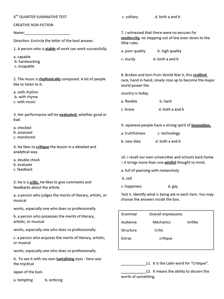 4TH QUARTER SUMMATIVE TEST Non Fiction | PDF | Human Communication ...