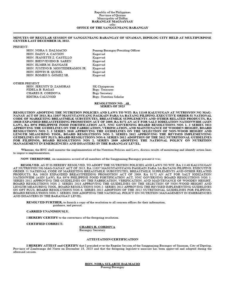 Adoption of Nutrition Policies in Barangay | PDF | Infant Feeding