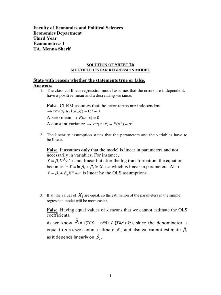 Econometrics - Solution sh.2B 2024 | PDF | Ordinary Least Squares | Estimator