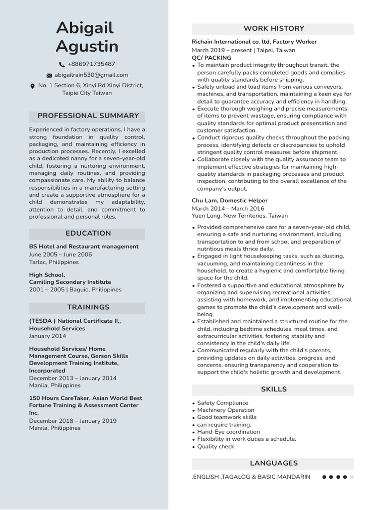 Abigail Agustin CV Resume# 2 | PDF | Packaging And Labeling | Business
