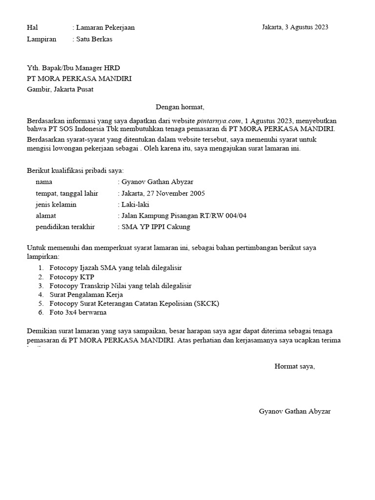 Surat Lamaran Kerja Gathan | PDF