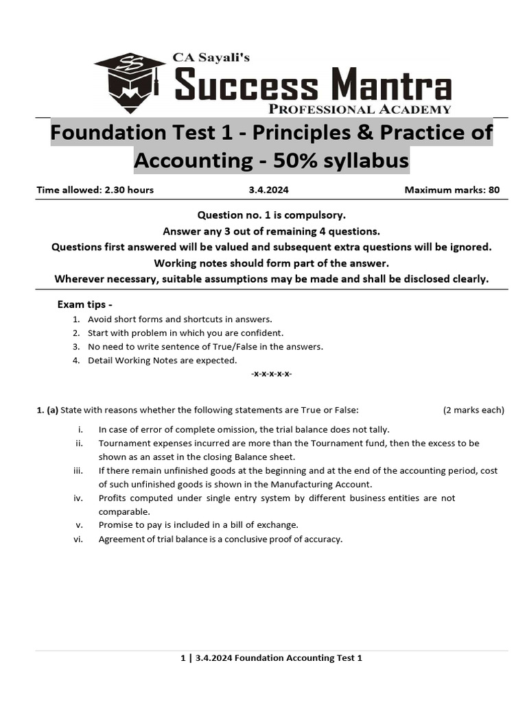 Foundation Accounting Test | PDF | Debits And Credits | Expense