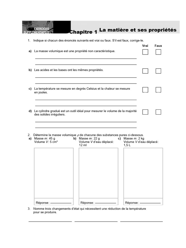 Exercices Supplémentaires Chapitre 1 La Matière Et Ses Propriétés | PDF ...