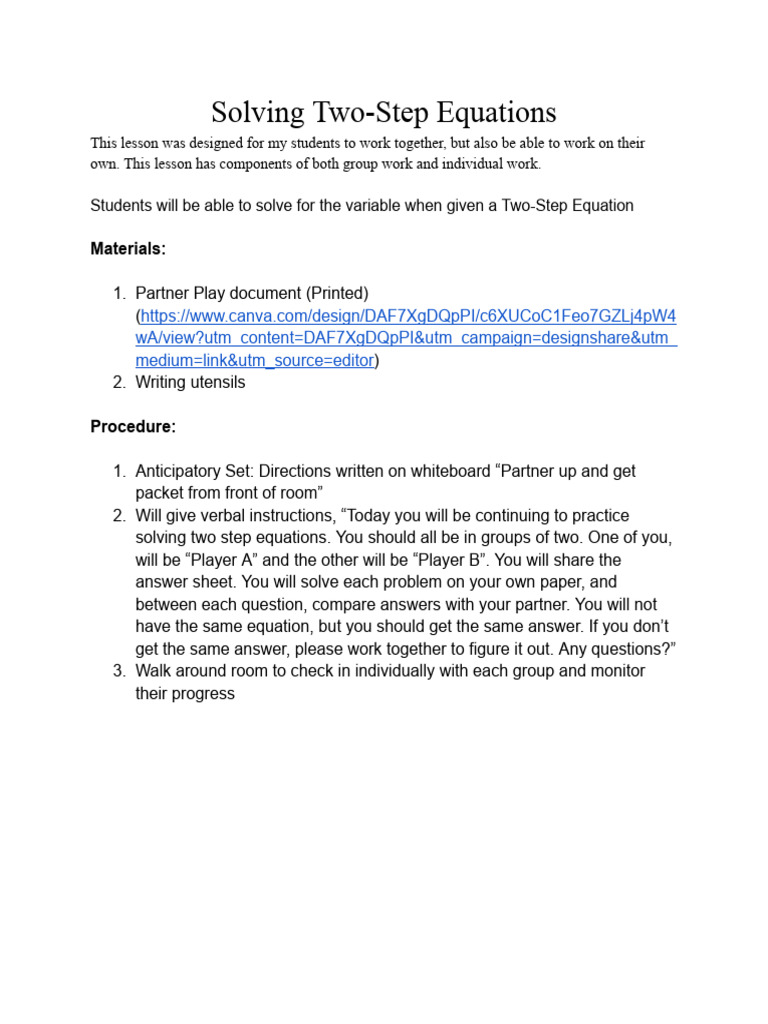Two-Step Equation Lesson Plan | PDF