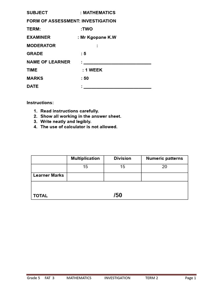 Grade 5 Term 2 Maths Investigation | PDF | Multiplication | Numbers